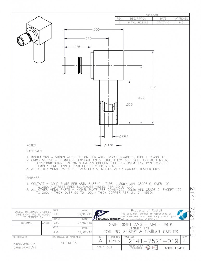 Radiall 2141-7521-019 product drawing preview