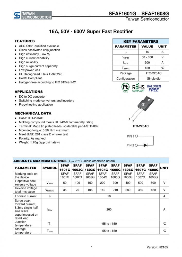 SFAF1606G datasheet page 1