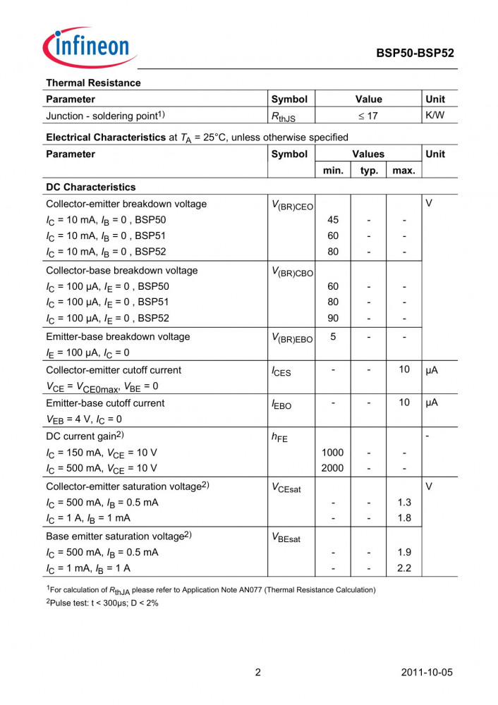 Infineon BSP52 datasheet page 2