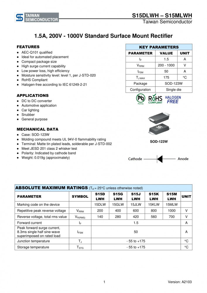 S15GLWH technical document page 1