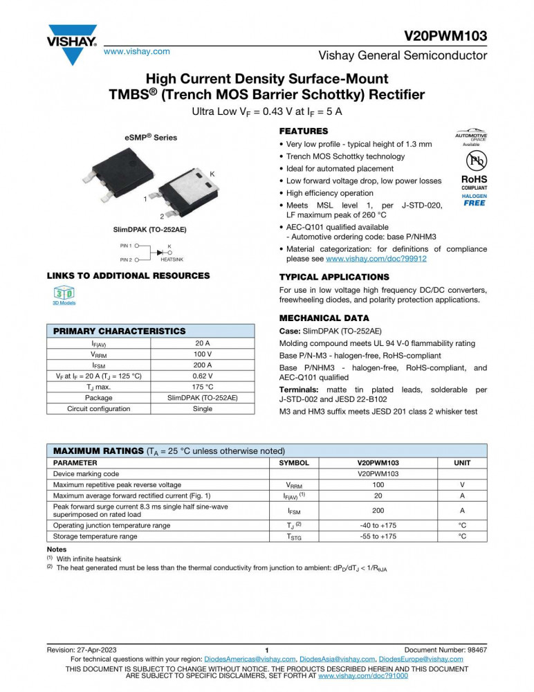 V20PWM103 datasheet page 1