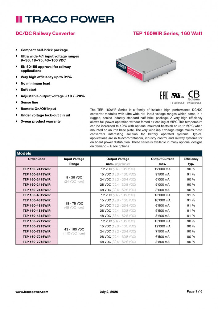 TEP 160WIR technical document page 1