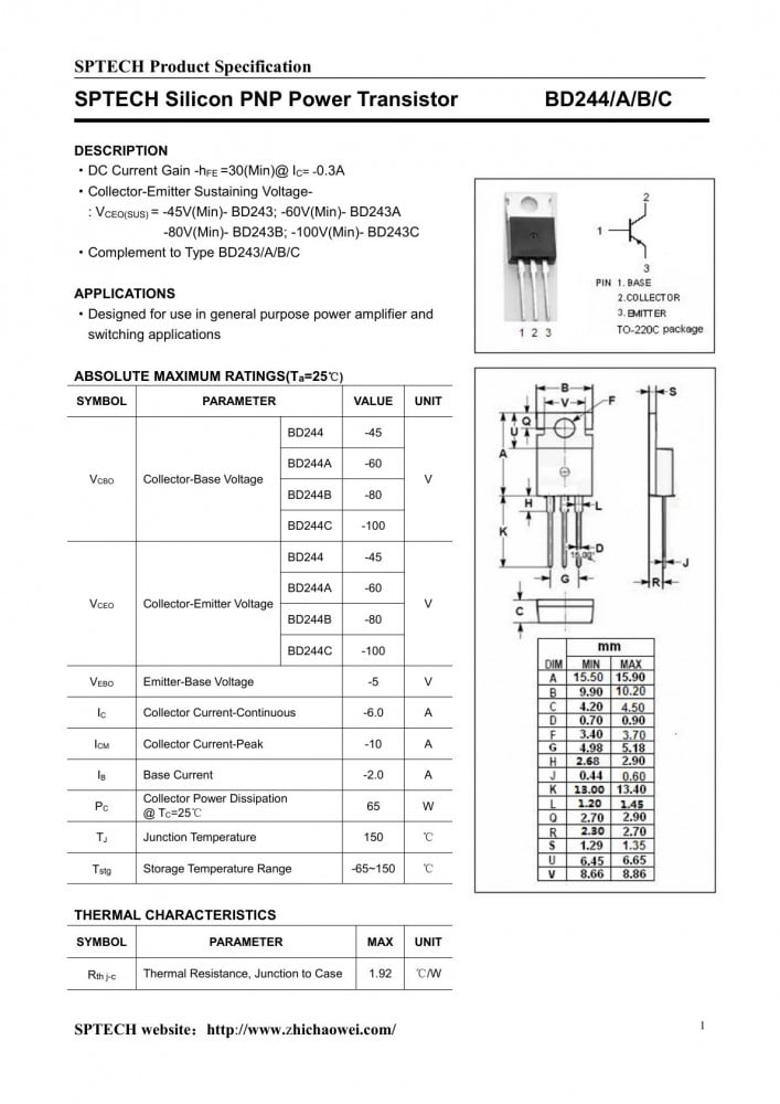 SPTECH BD244 datasheet page 1