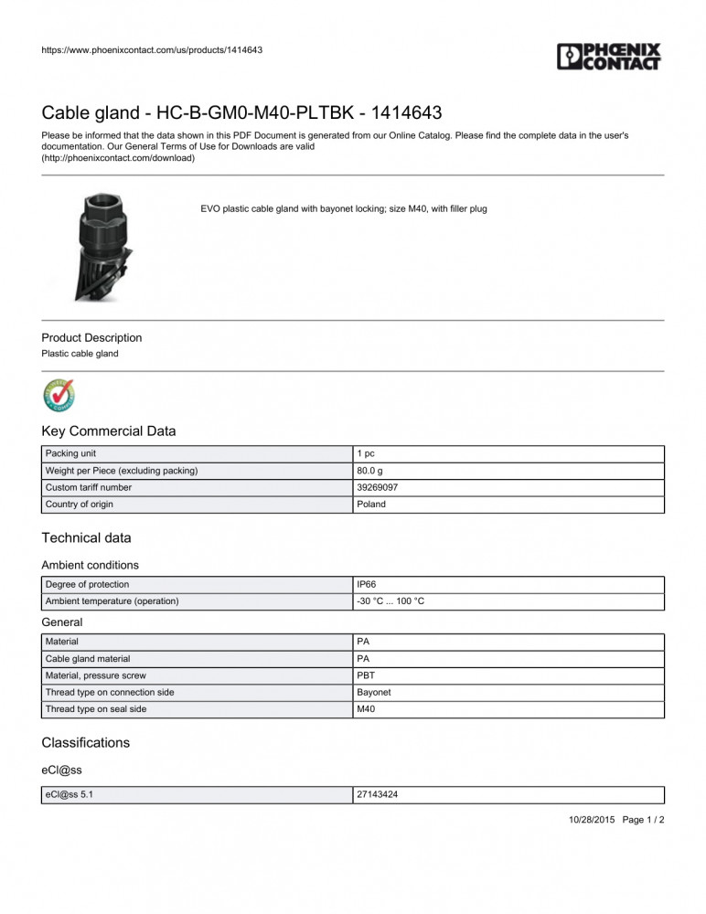 Phoenix Contact 1414643 product catalog page