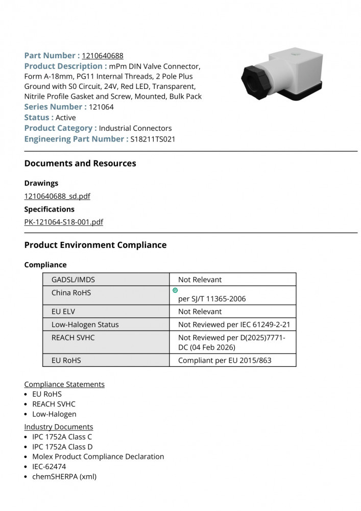 Molex DIN Valve Series S18 packaging specification page 1