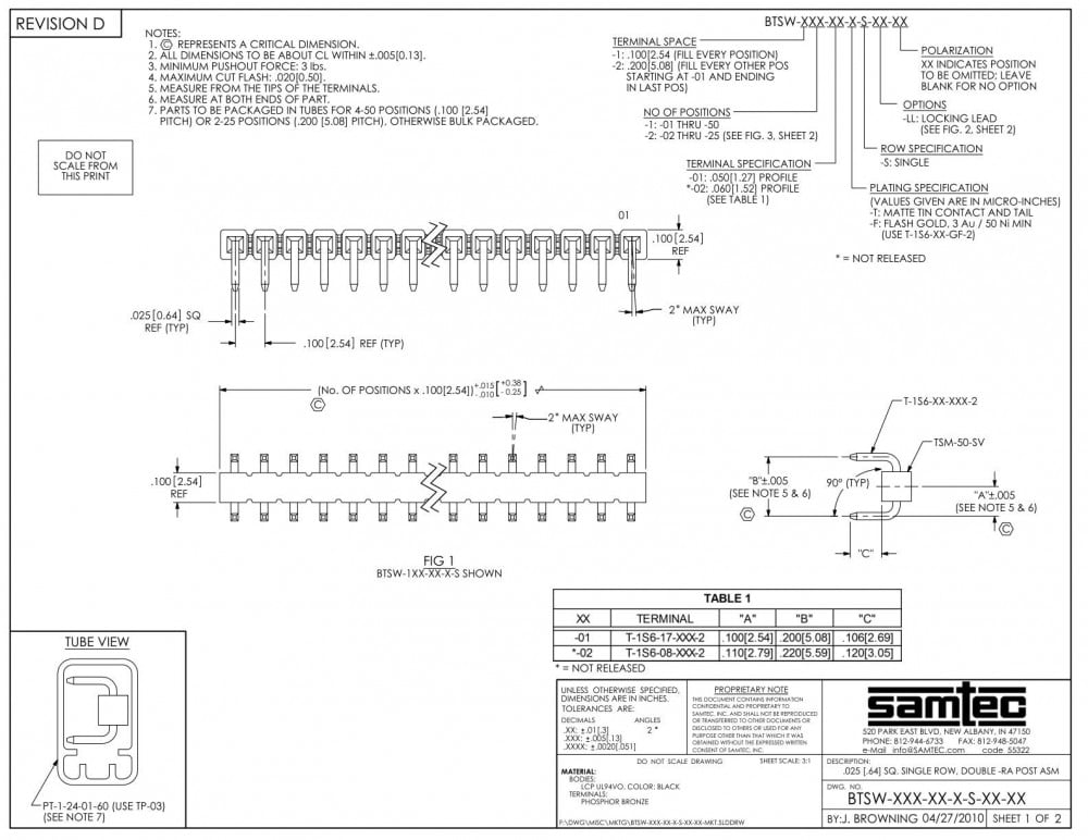 Samtec BTSW-110-01-T-S technical drawing page 1