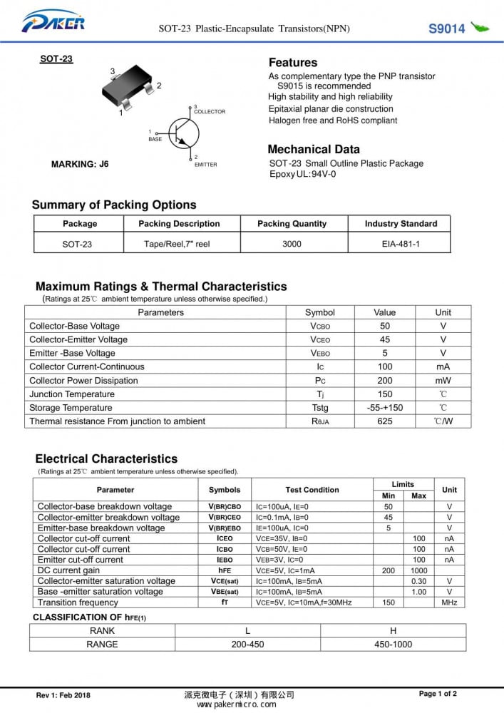PAKER S9014 datasheet page 1
