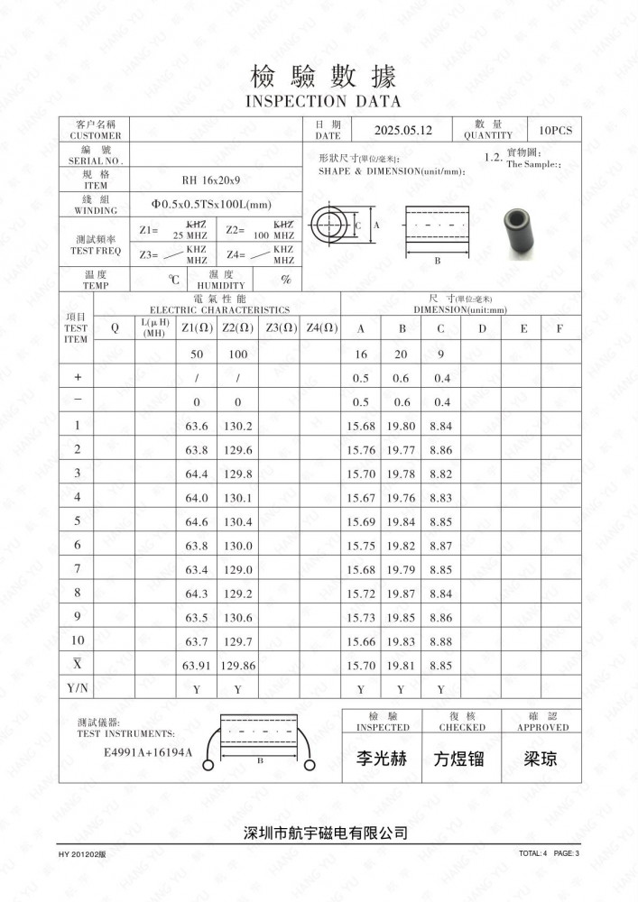 RH16×20×9 inspection data page