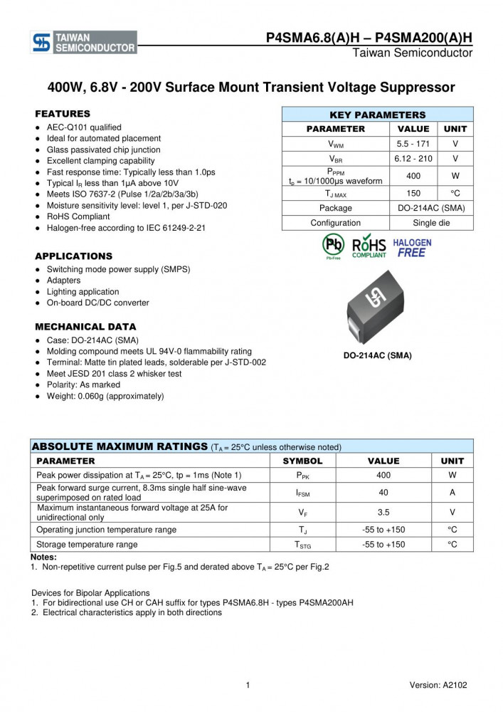 P4SMA68H datasheet page 1