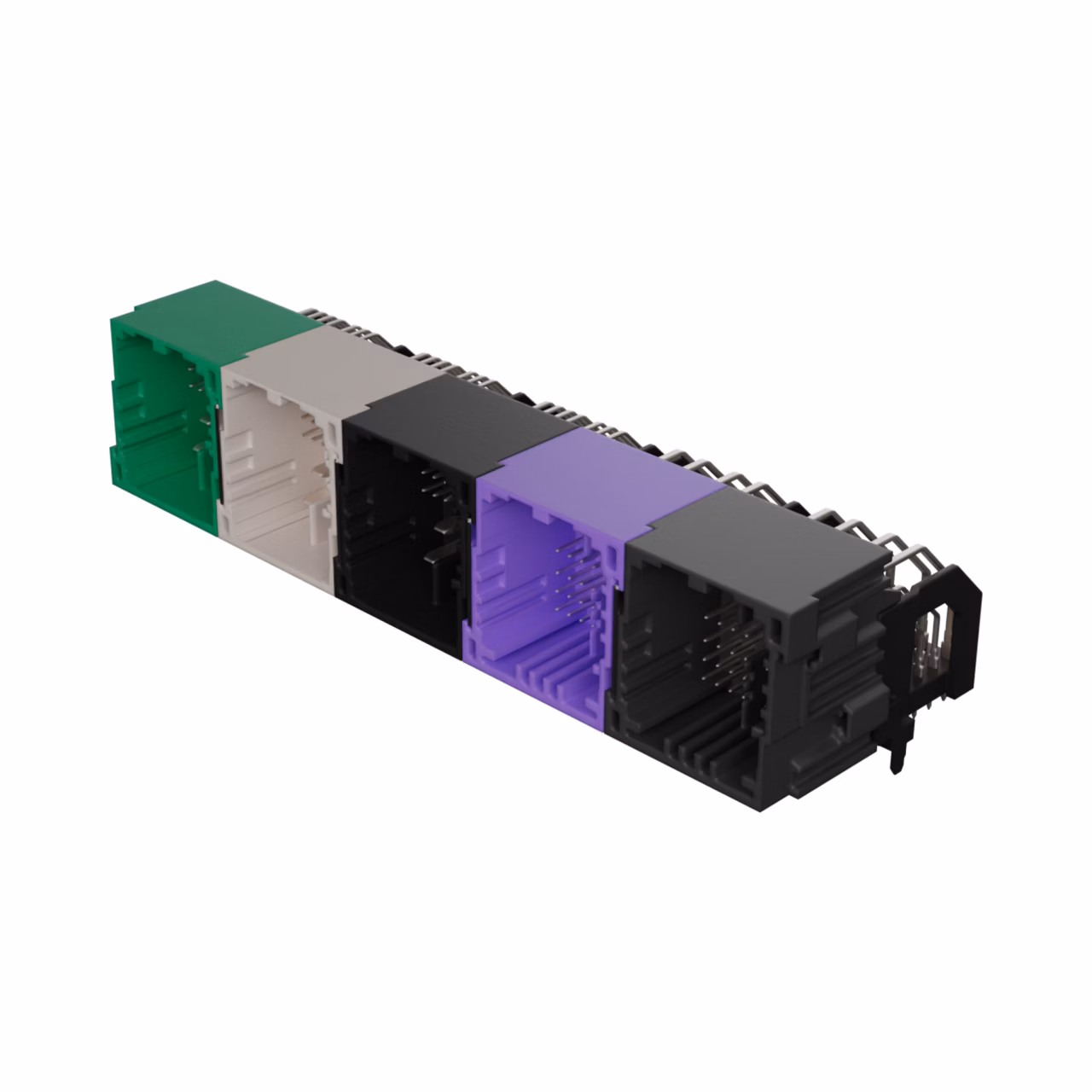 stAK50h 5 Bay Right-Angle Hybrid Header, 139 Circuits, Bay 1: 25 Circuits/Key 1/Green; Bay 2: 25 Circuits/Key 2/Gray; Bay 3: 25 Circuits/Key 3/Black; Bay 4: 32 Circuits/Key 4/Purple; Bay 5: 32 Circuits/Key 3/Dark Gray; Tube for sale