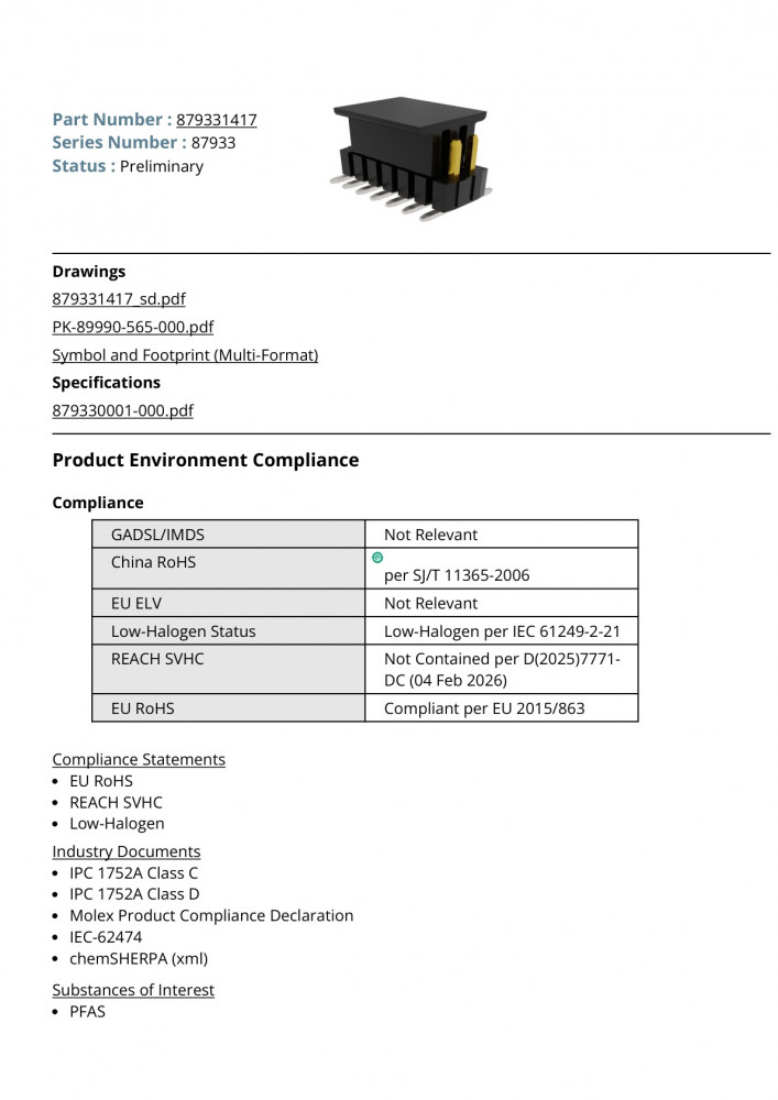 MOLEX 879331417 technical document page 1