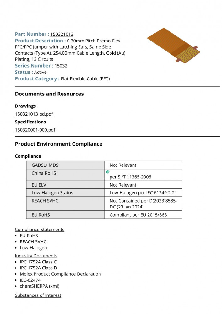 Molex 0.30 mm pitch FFC family specification, page 1