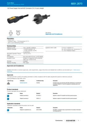 SCHURTER 6051.2007 Power Line Cord Assembly