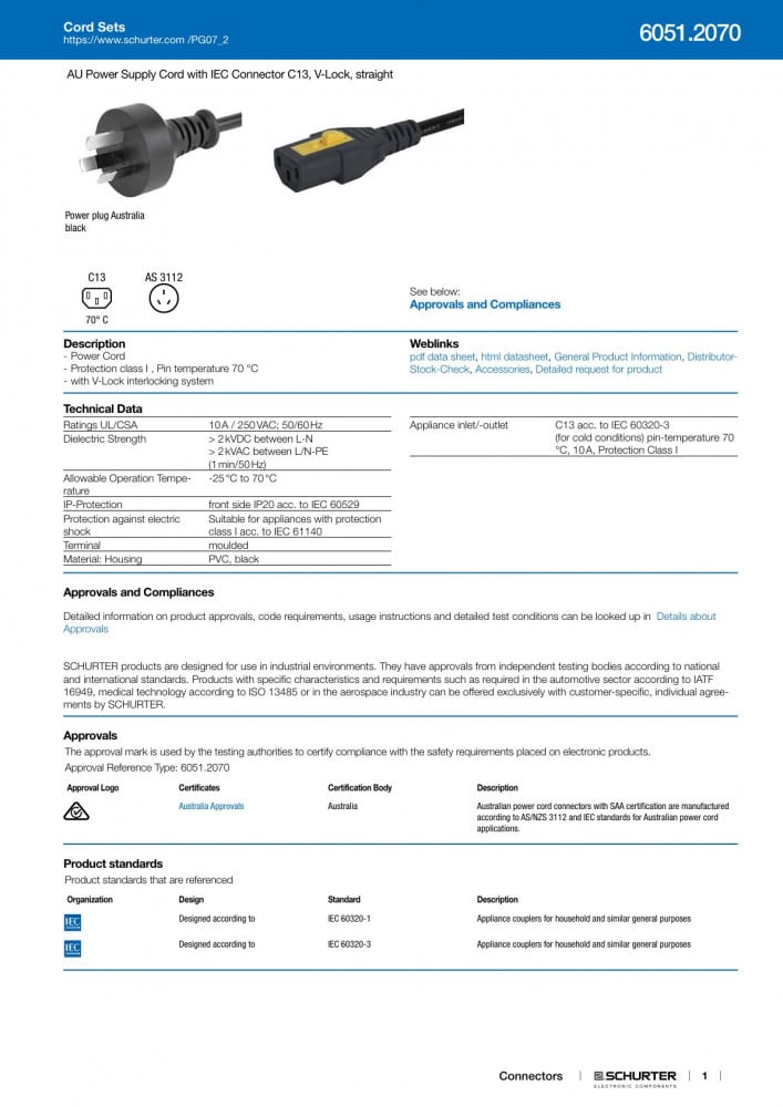 SCHURTER 6051.2070 datasheet page 1