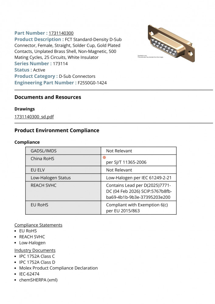 MOLEX 1731140300 product drawing, page 1
