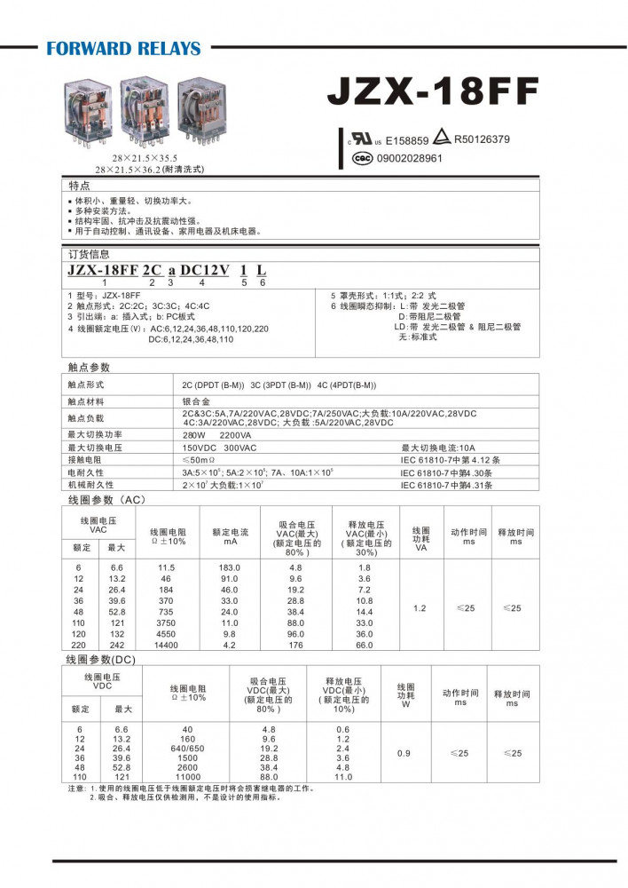 JZX-18FF relay technical document page 1