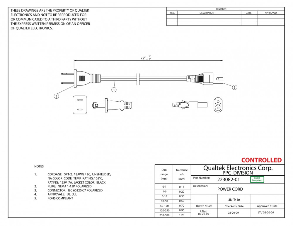 Technical drawing image for power cord model 223082-01