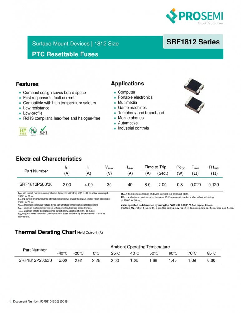 SRF1812 series electrical characteristics and application information