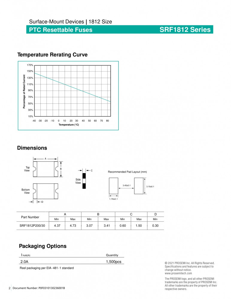 SRF1812 series dimensions and packaging information