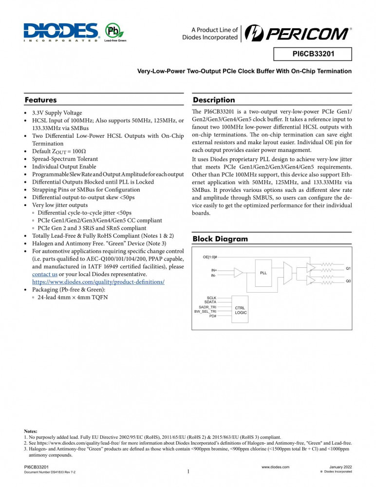 PI6CB33201 datasheet page 1