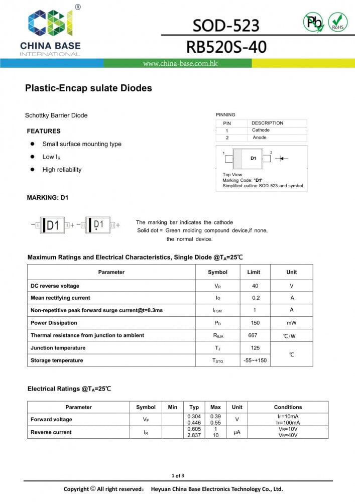CBI RB520S-40 datasheet page 1