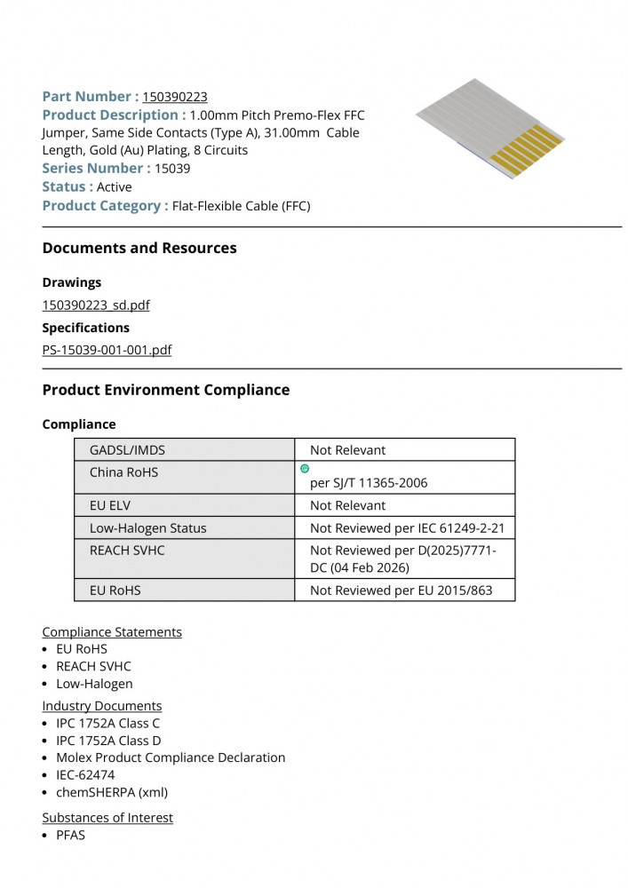 Molex 1.00 mm pitch FFC family specification page 1