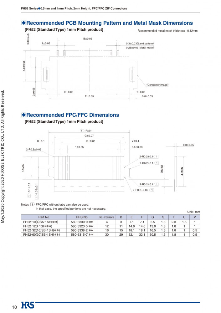 HRS FH52 FPC and PCB recommendations