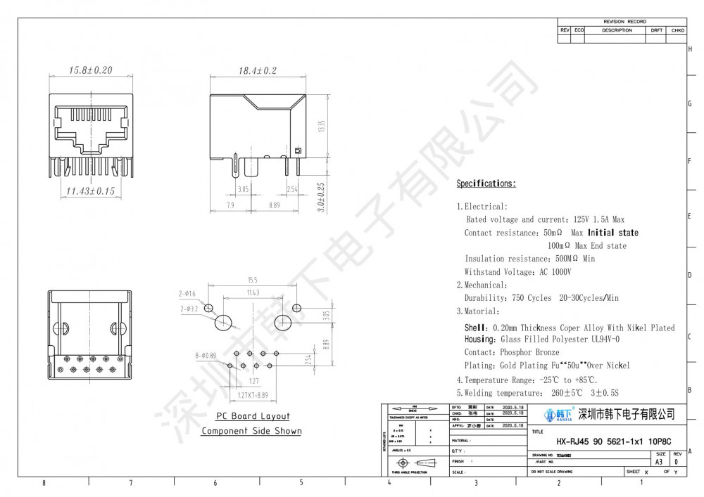 HX-RJ45 90 5621-1x1 10P8C technical drawing preview