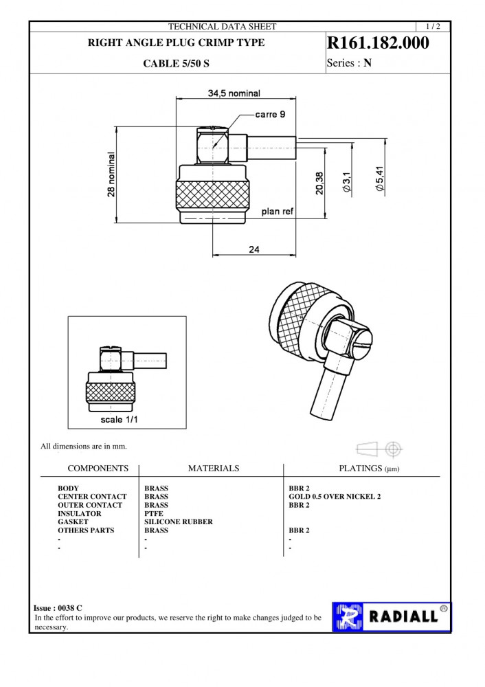 Radiall R161.182.000 technical document, page 1