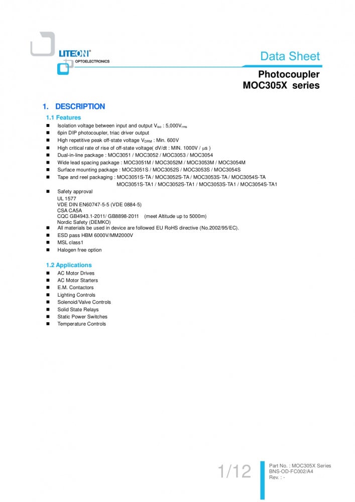 MOC3052STA1-V datasheet page 1