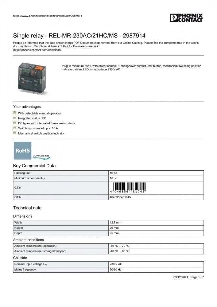 Phoenix Contact 2987914 technical document page 1