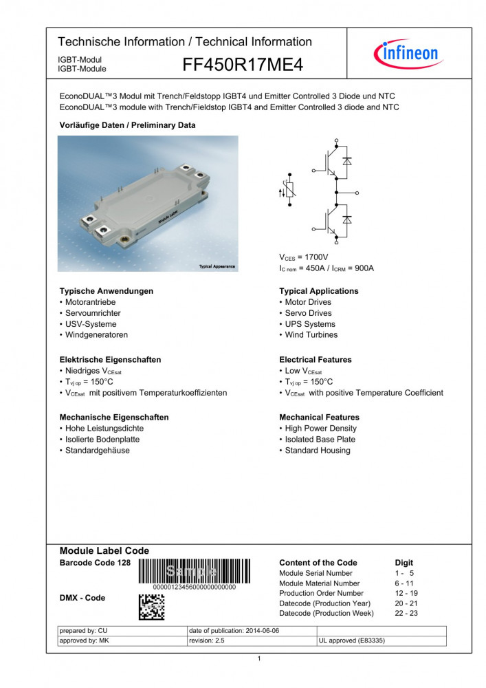 FF450R17ME4 datasheet page 1