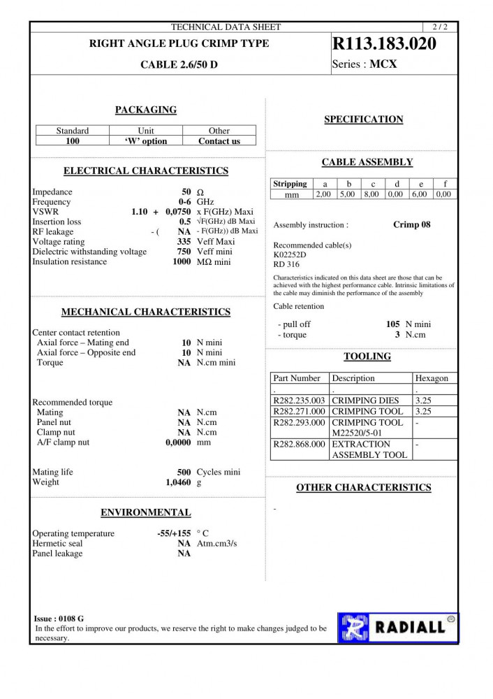 Radiall R113183020 product documentation, page 2