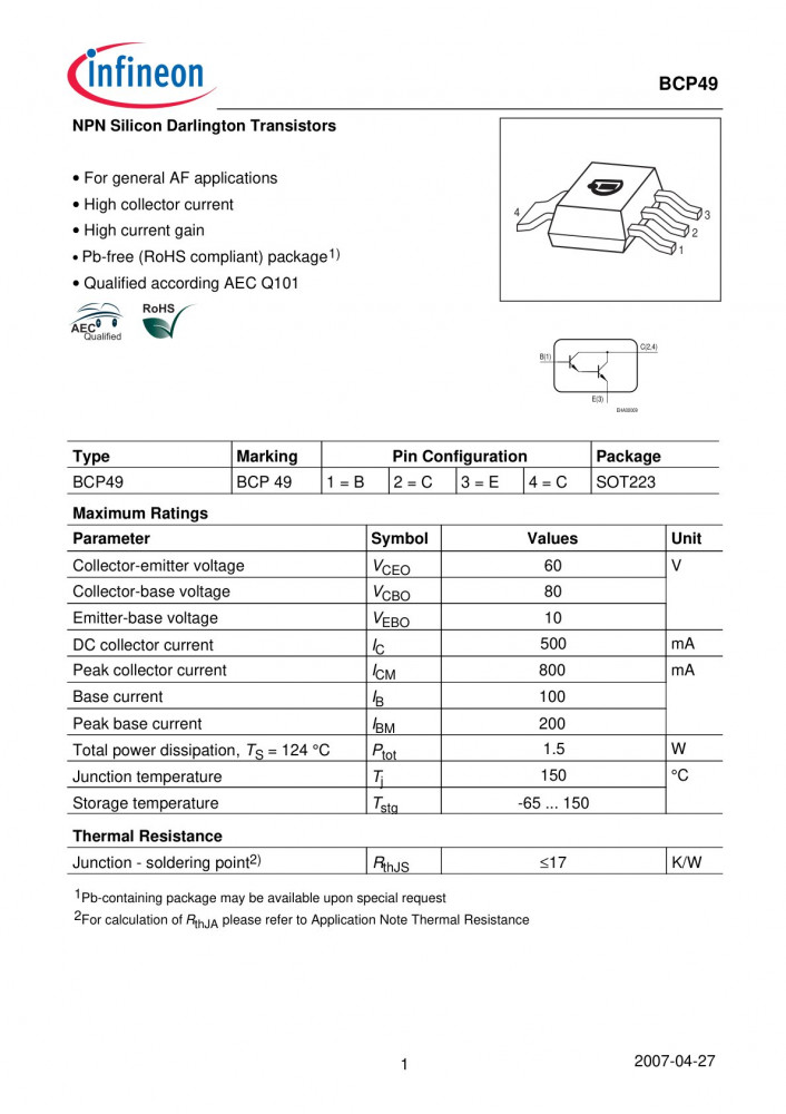 BCP49 datasheet page 1