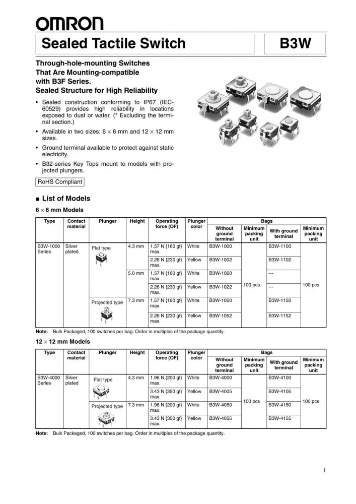 OMRON B3W series datasheet page 1