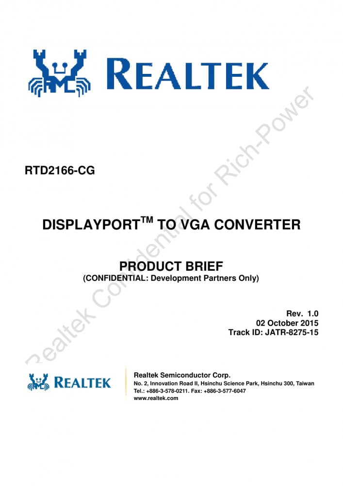 RTD2166-CG product brief page 1