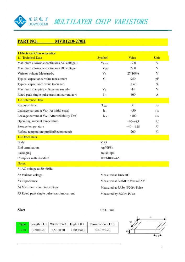 DOWO MVR1210-270H datasheet page 1