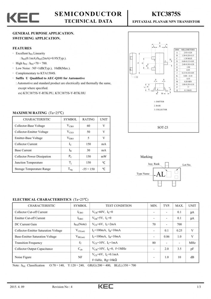 KTC3875S-Y-RTK/P datasheet page 1