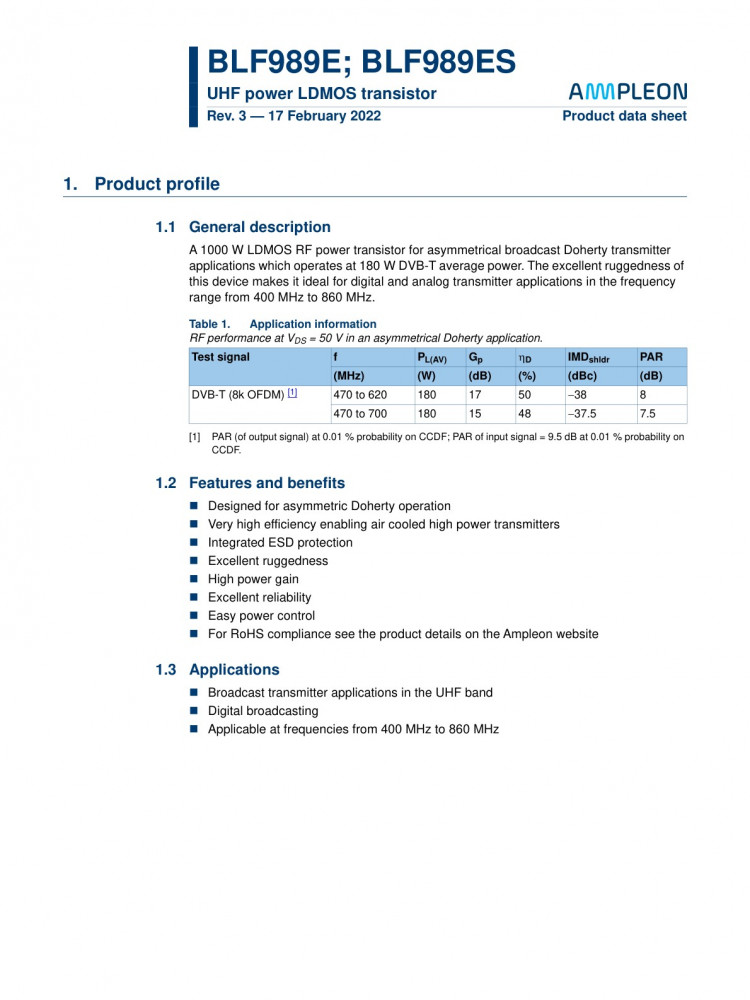 BLF989ES datasheet page 1