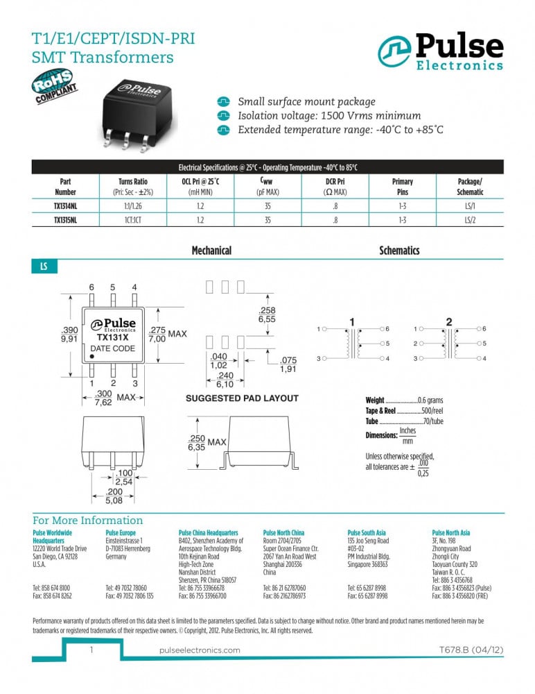 PULSE TX1315NL technical document page