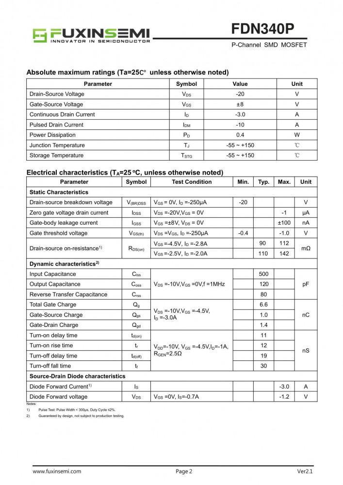 FDN340P datasheet page 2