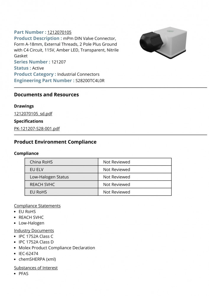 Molex S28 DIN valve connector packaging specification page image 1