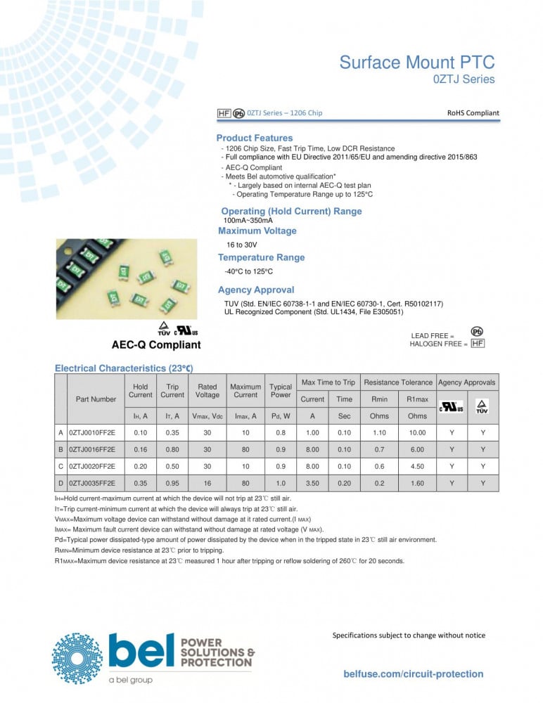 Bel Fuse OZTJ series datasheet page 1