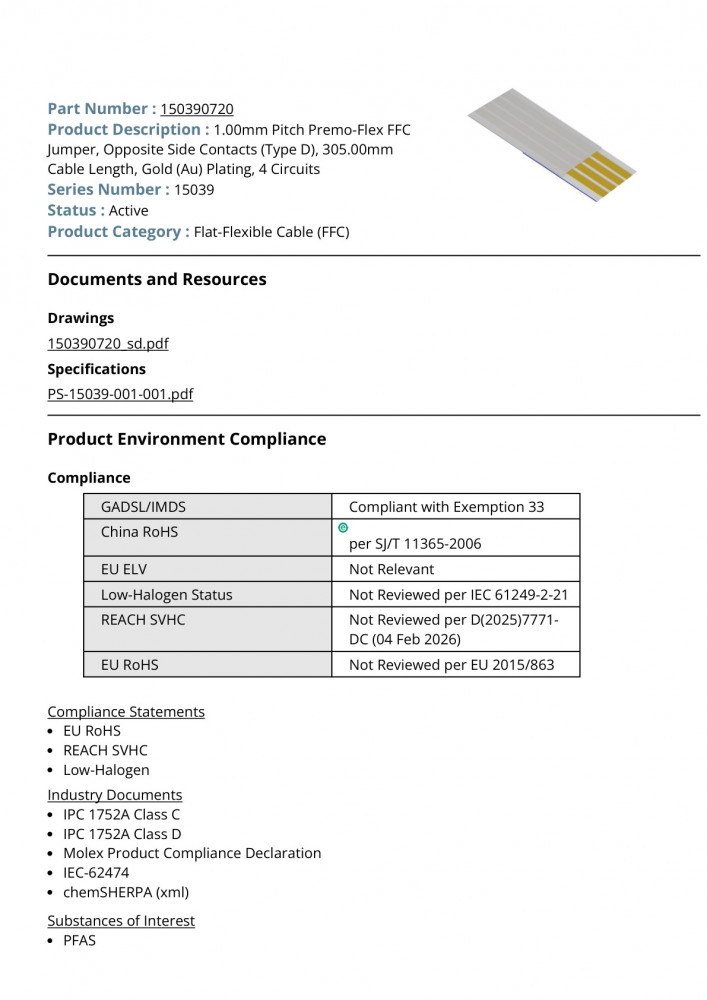 Molex FFC family specification, page 1