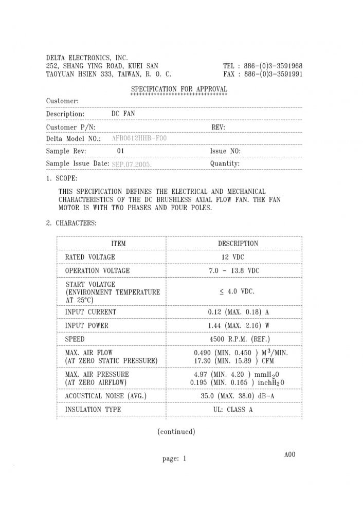 AFB0612HHB-F00 specification page 1