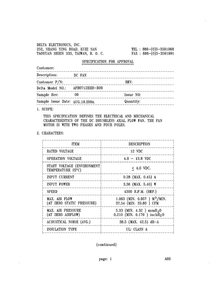 AFB0712HHB-R00 specification page 1
