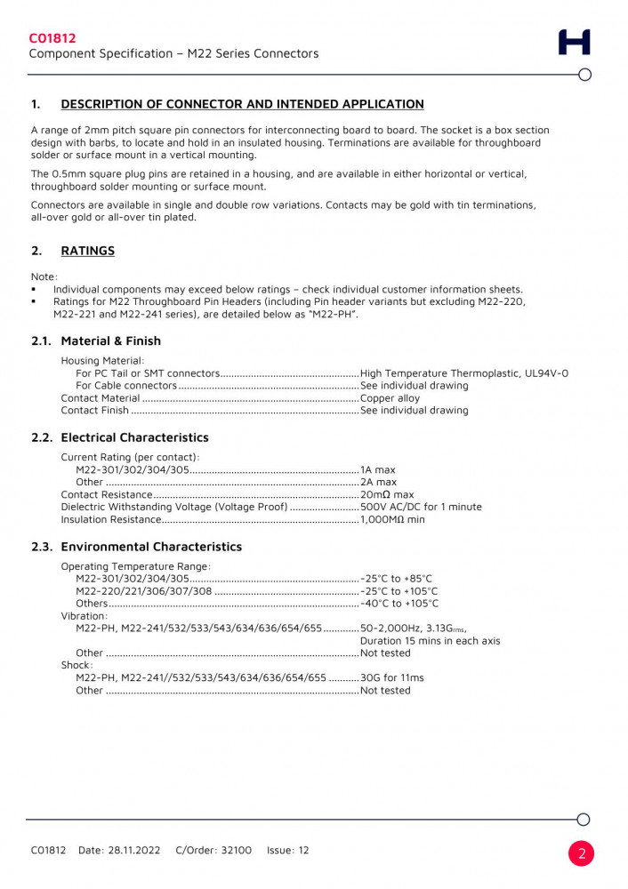 Harwin M22 specification page 2