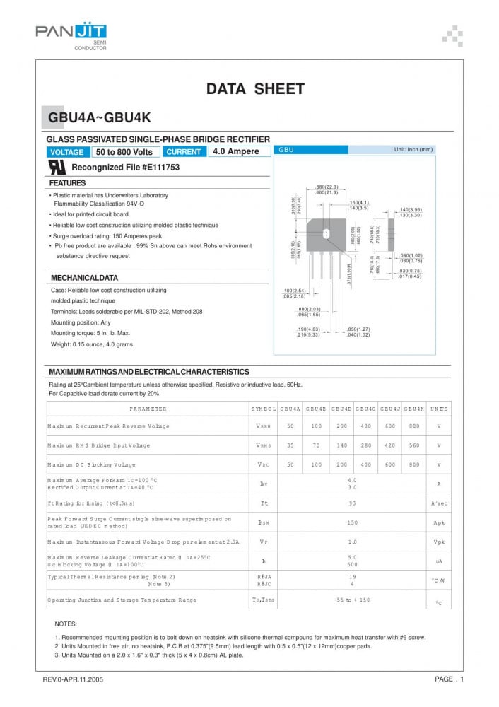 PANJIT GBU4K datasheet page 1