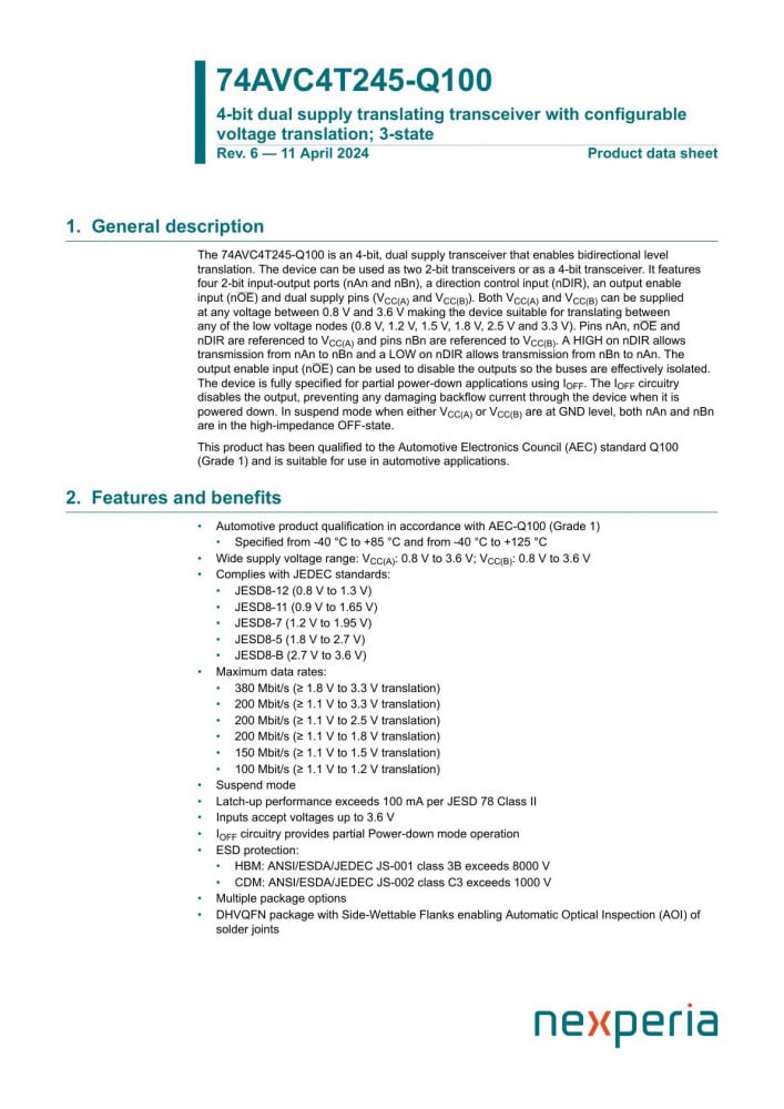 74AVC4T245-Q100 datasheet page 1