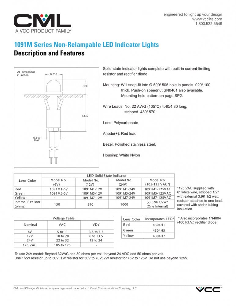 1091M series indicator light technical document page